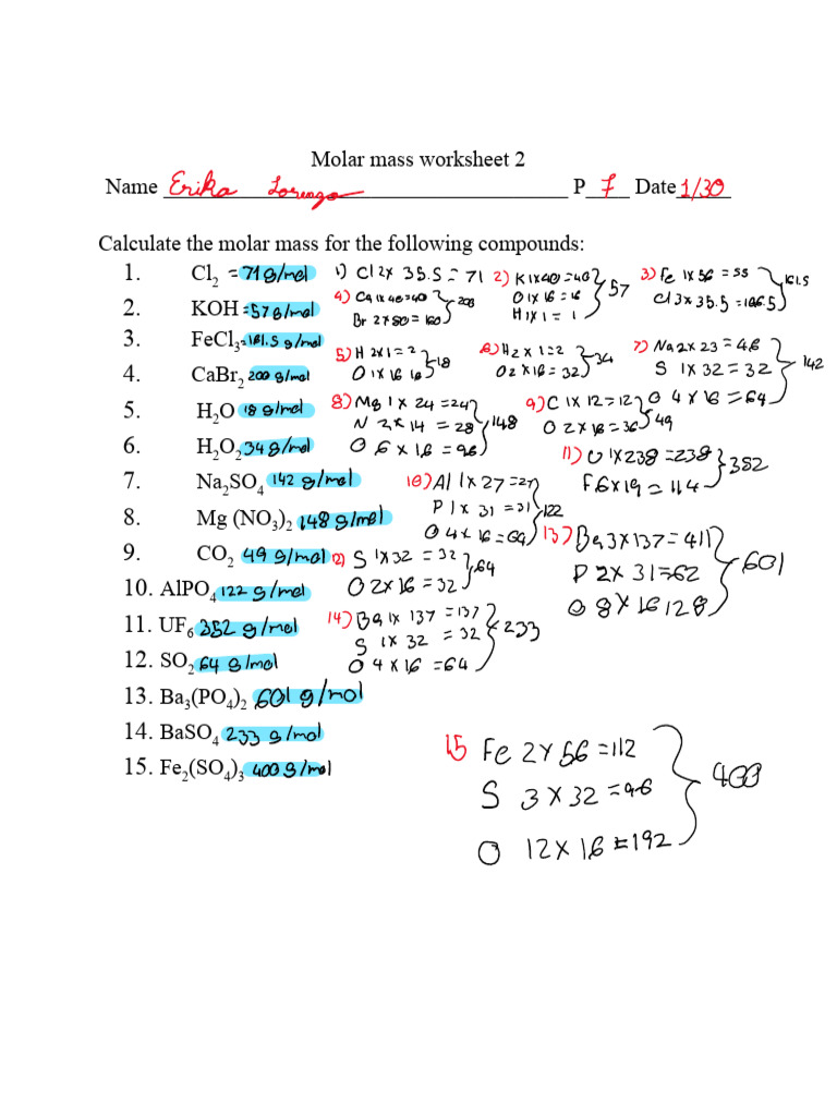 Molar Mass Worksheet 2 | PDF | Quantity | Physical Quantities