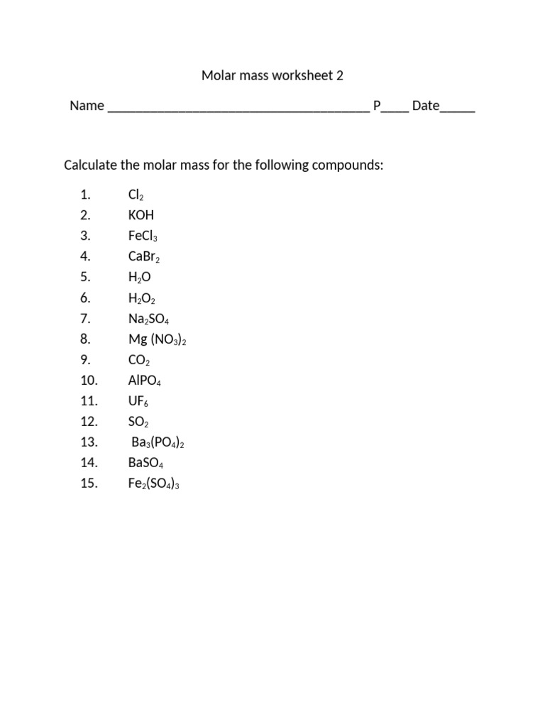Molar Mass Worksheet 2 | PDF