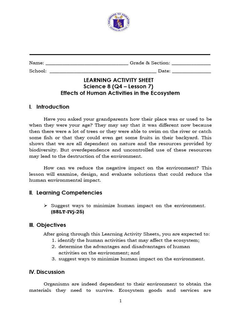 SCIENCE 8 Q4 Wk7 Effects of Human Activities in The Ecosystem 1.CQA ...