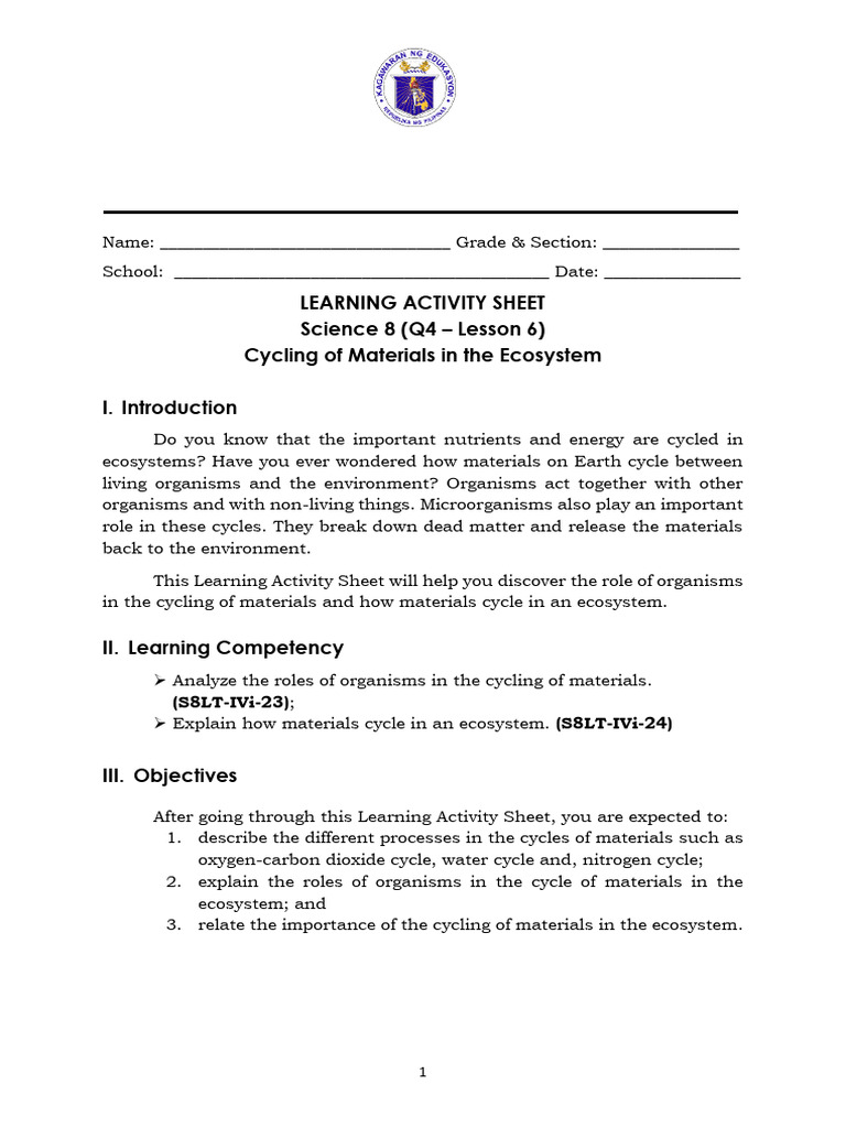 Science 8 q4 Wk6 Cycling of Materials in the Ecosystem.cqa.Gqa.lrqa | PDF | Water | Ecosystem