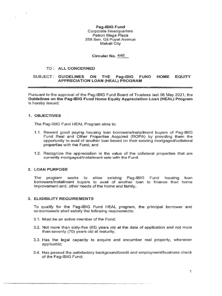 Circular No. 446 - Guidelines On The Pag-IBIG Fund HEAL Program | PDF