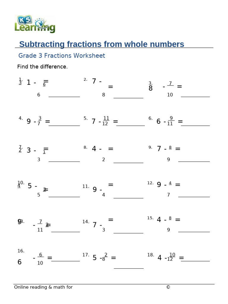 Grade 3 Subtracting Fractions From Whole Numbers D | PDF | Mathematics ...