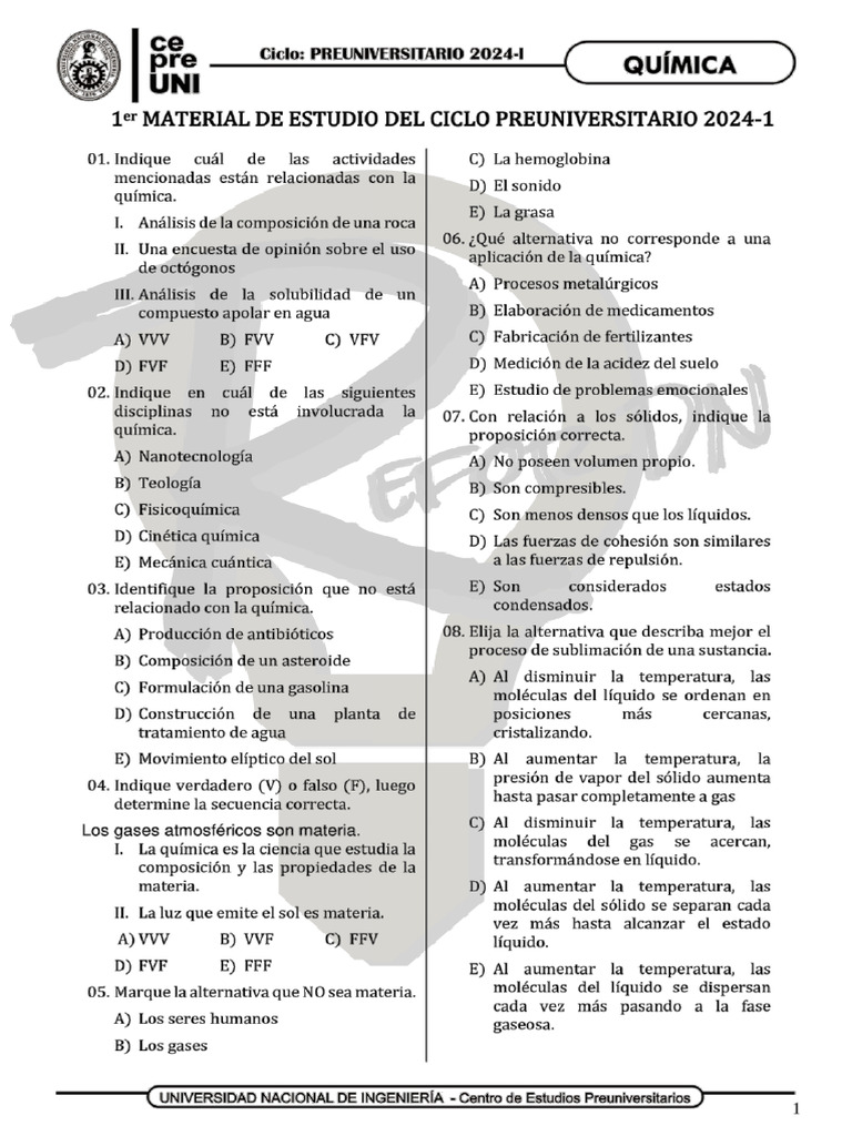 Quim - Pre - Mat 01 - 2024-1 | PDF