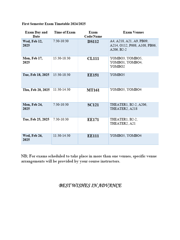 2024/2025 First Semester Exam Schedule | PDF