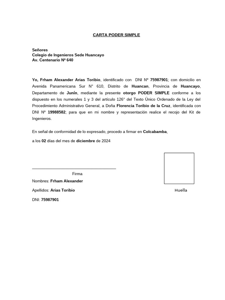 Formato de Carta Poder Simple.docx | PDF