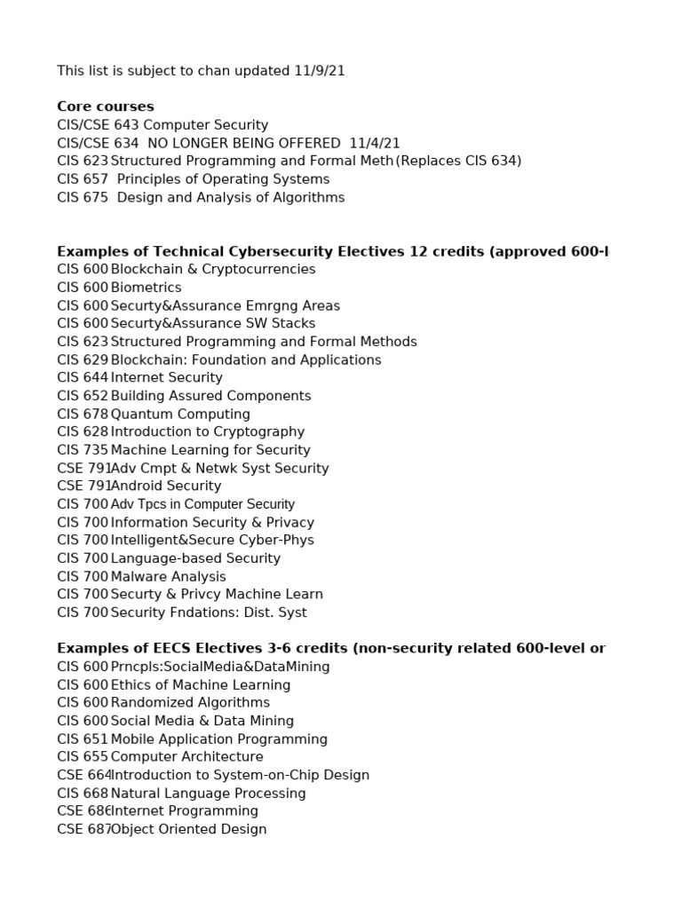 Cybersecurity Course Offerings List | PDF