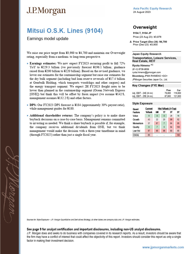 JP Morgan 9104@JP Mitsui O.S.K. Lines (9104) Earnings Model Update ...
