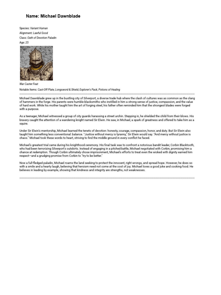 D&D Michael Dawnblade (Devotion Paladin) | PDF