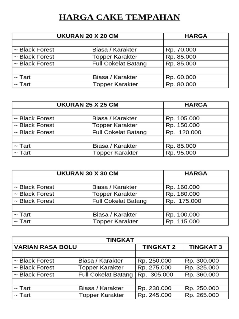 Daftar Harga Cake Punya Bang Topper | PDF