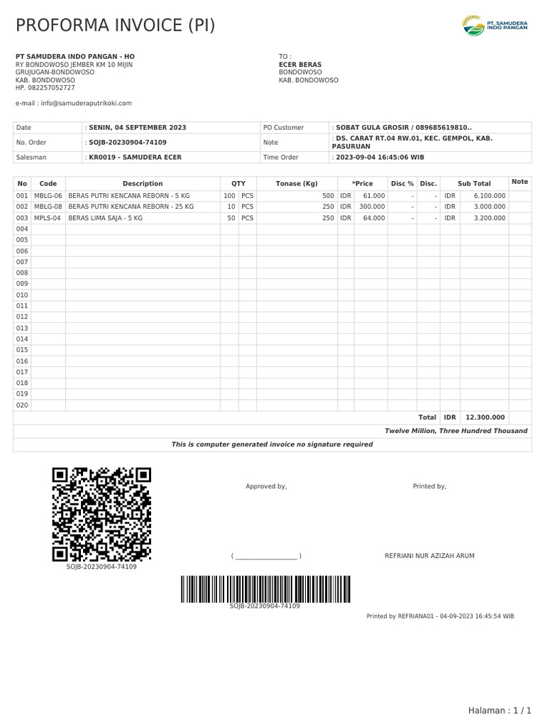 Surat Order Penjualan - Sojb - 20230904 - 74109 - R1042 - Ecer Beras | PDF