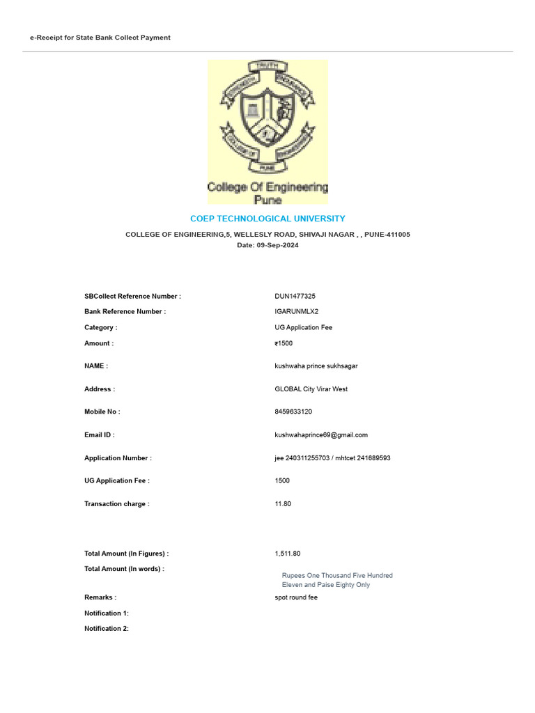 Coep Spot Fee Recirpt2 | PDF