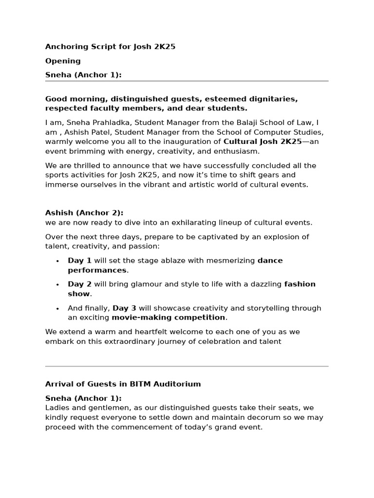 Anchoring Script for Cultural Josh 2K25 | PDF