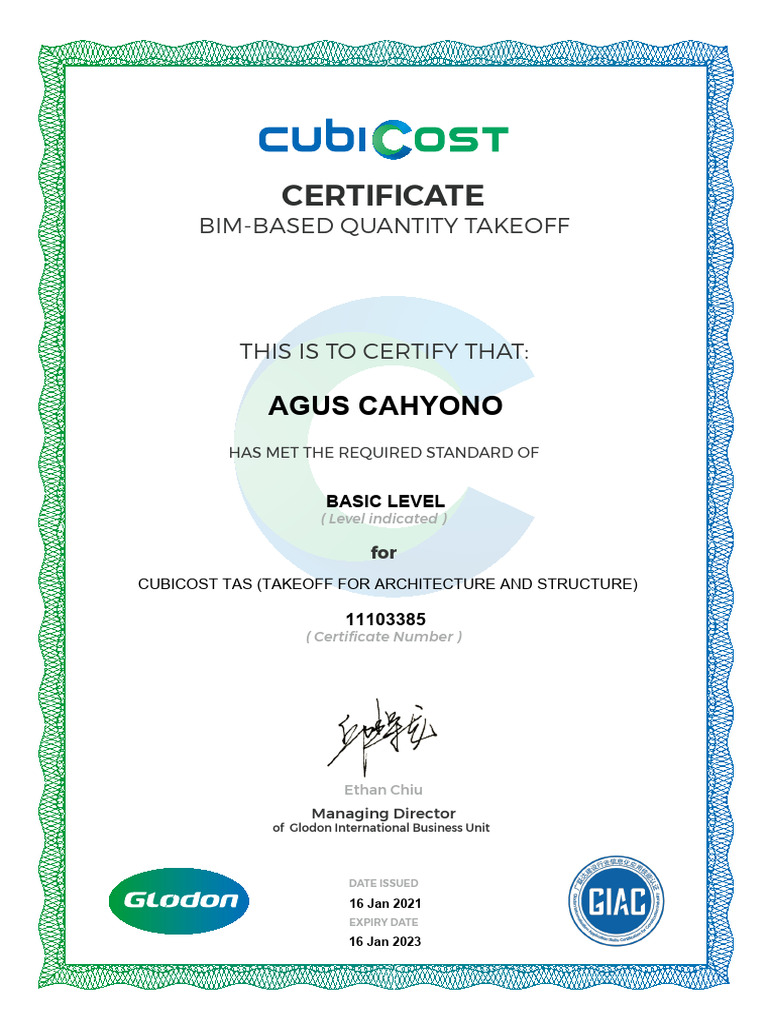 Cubicost Certificate-AGUS CAHYONO-11103385 | PDF