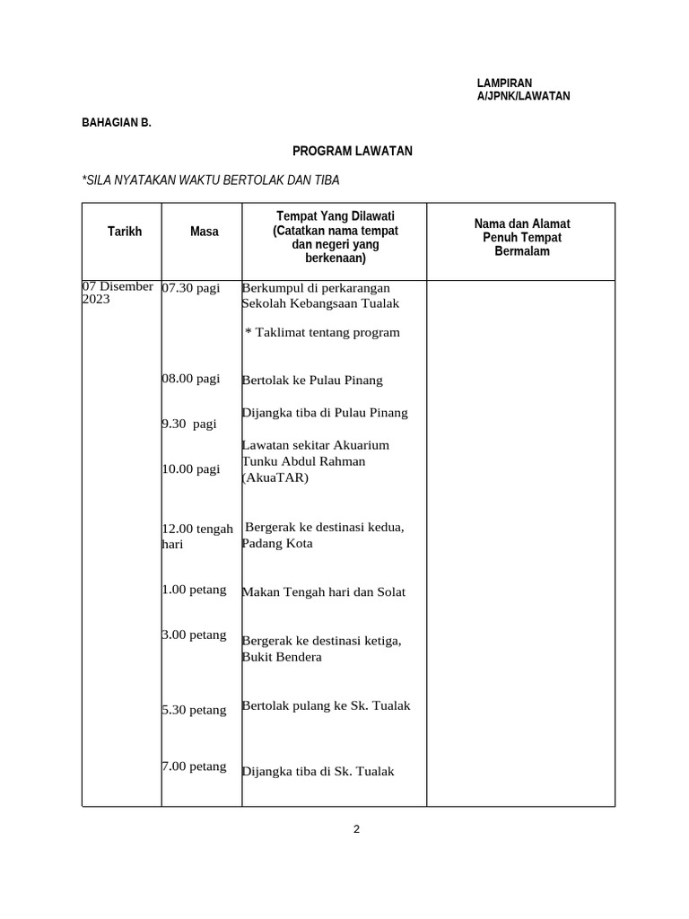 2023 Pulau Pinang LAMPIRAN A Tentatif Lawatan | PDF