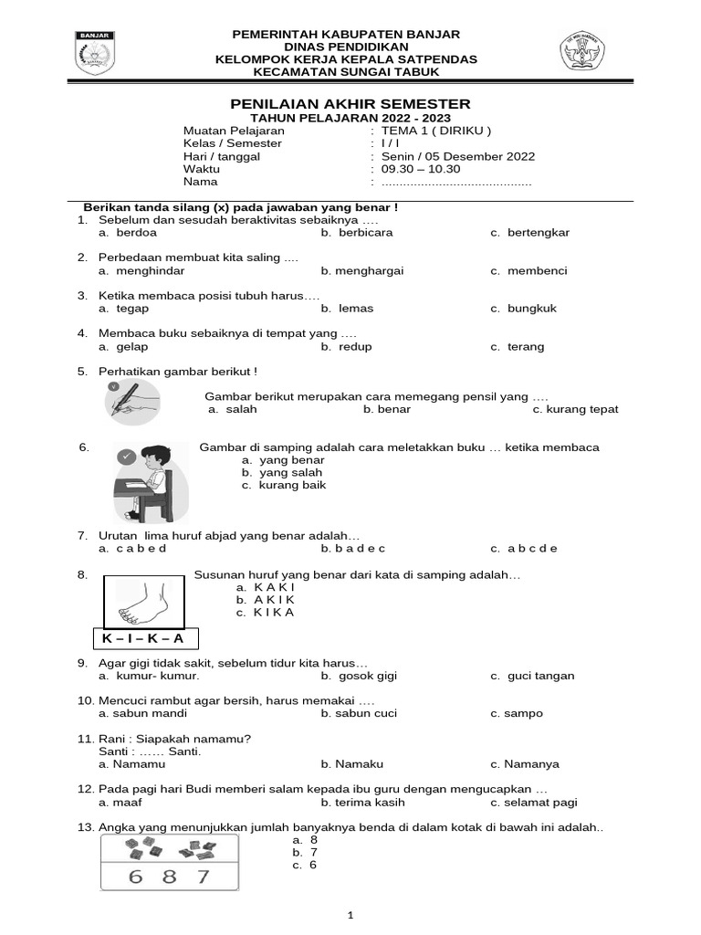 SOAL PAS KELAS 1 TEMA 1 | PDF