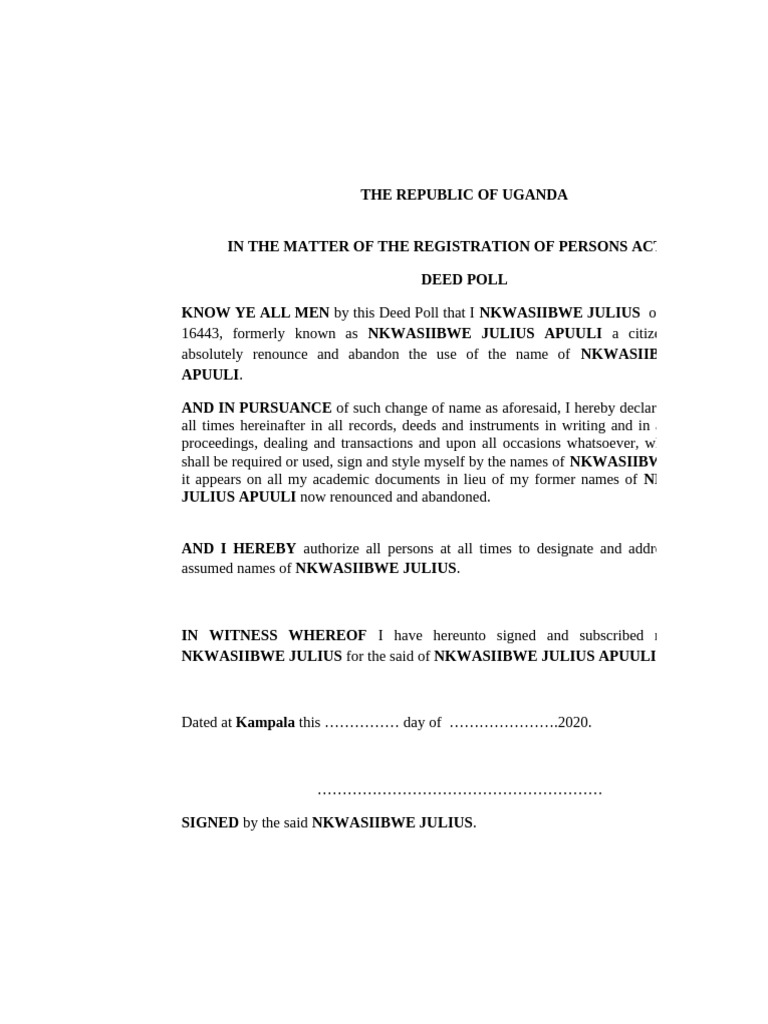 Deed Poll for Name Change in Uganda | PDF