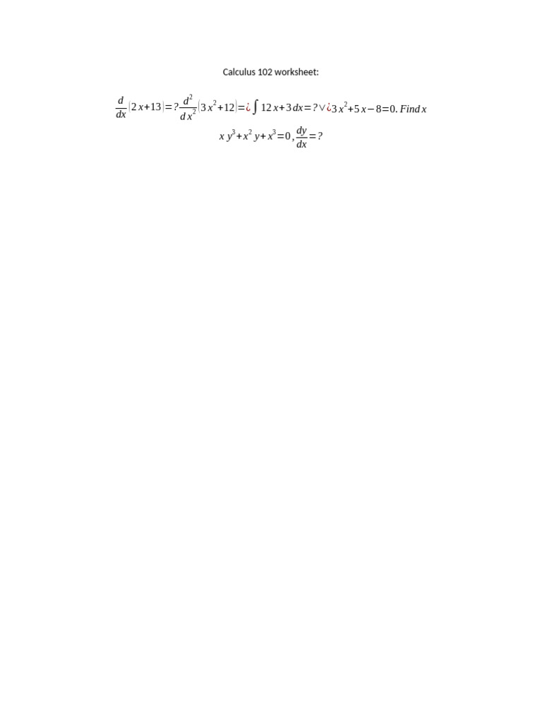 Calculus 102 Worksheet | PDF
