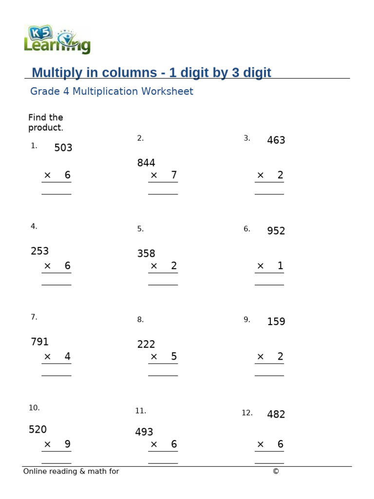 grade-4-multiply-columns-1-digit-3-digit-d | PDF | Arithmetic | Mathematics
