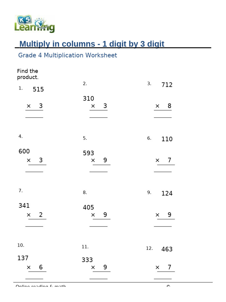 Grade 4 Multiply Columns 1 Digit 3 Digit C | PDF