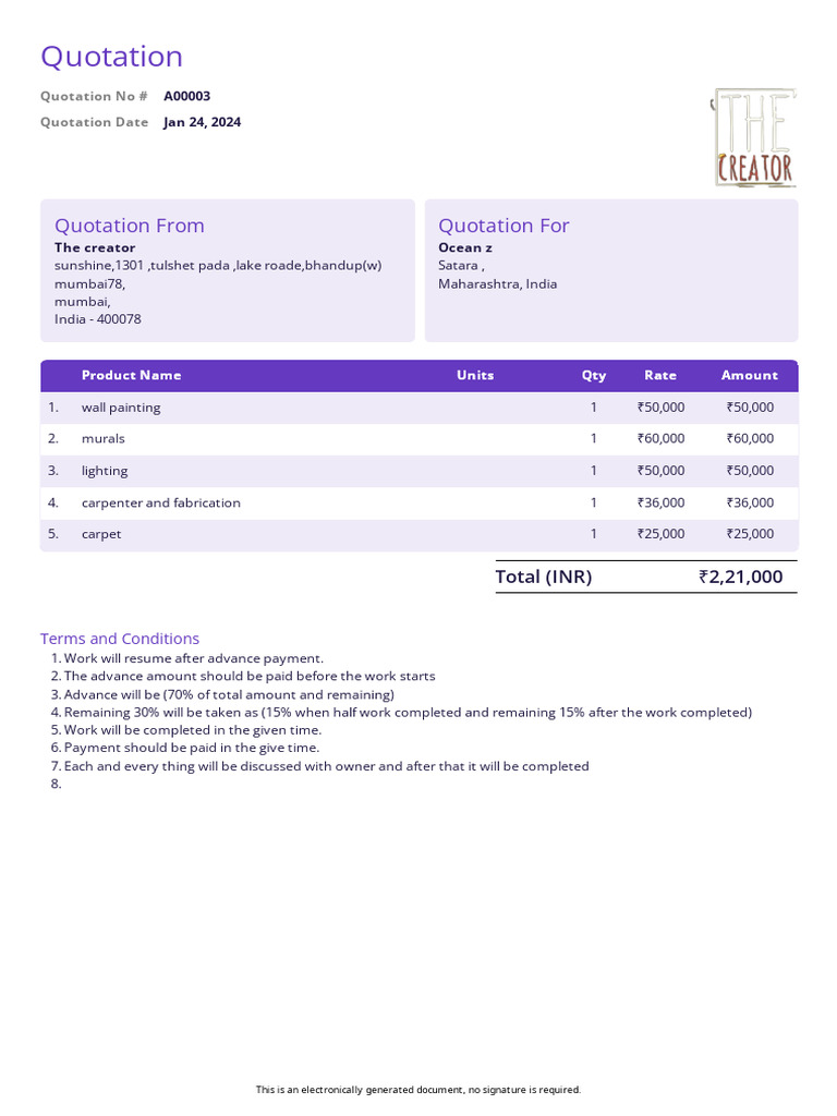 Quotation A00003 The Creator Ocean Z | PDF