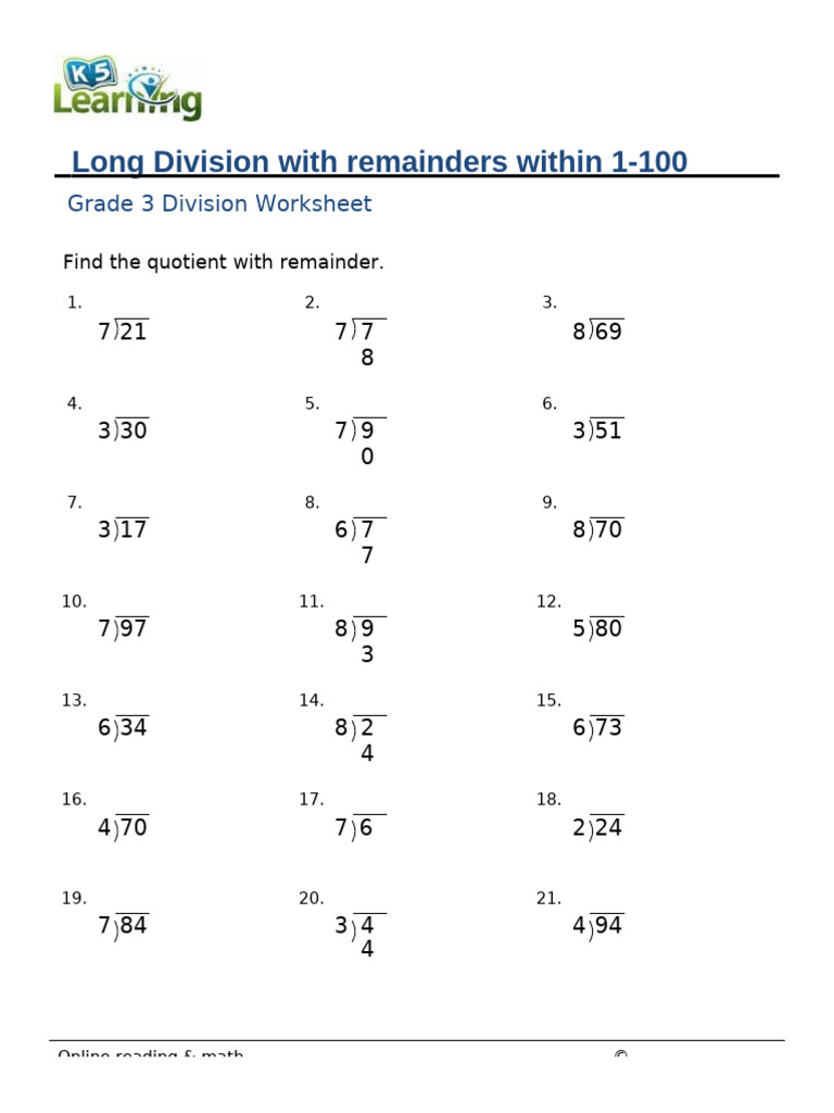 Grade 3 Long Division Worksheets | PDF