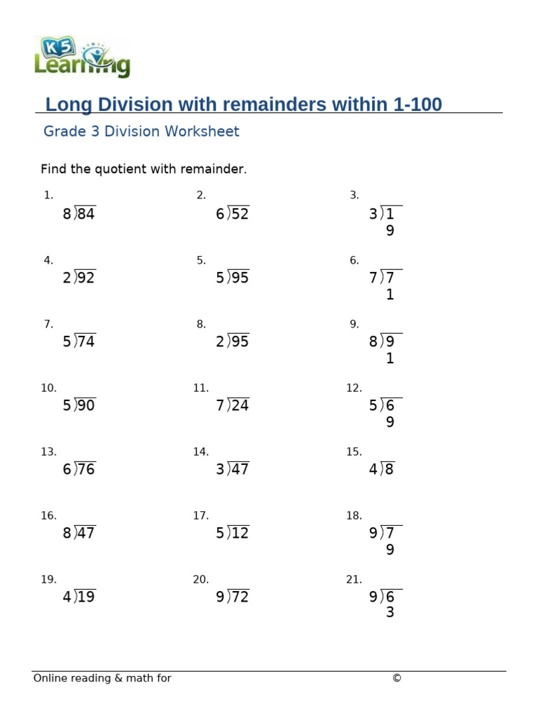 Grade 3 Long Division With Remainder Within 1 100 C | PDF