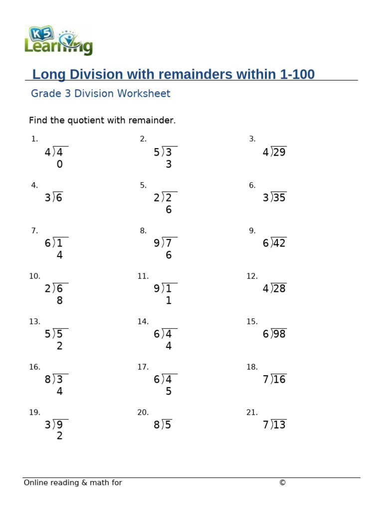 Grade 3 Long Division Worksheet | PDF