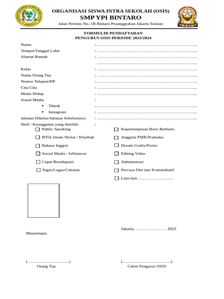 Formulir Pendaftaran OSIS SMP | PDF