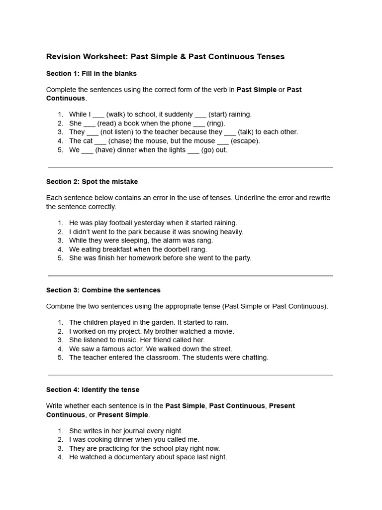 Revision Worksheet - Past Simple & Past Continuous Tenses | PDF