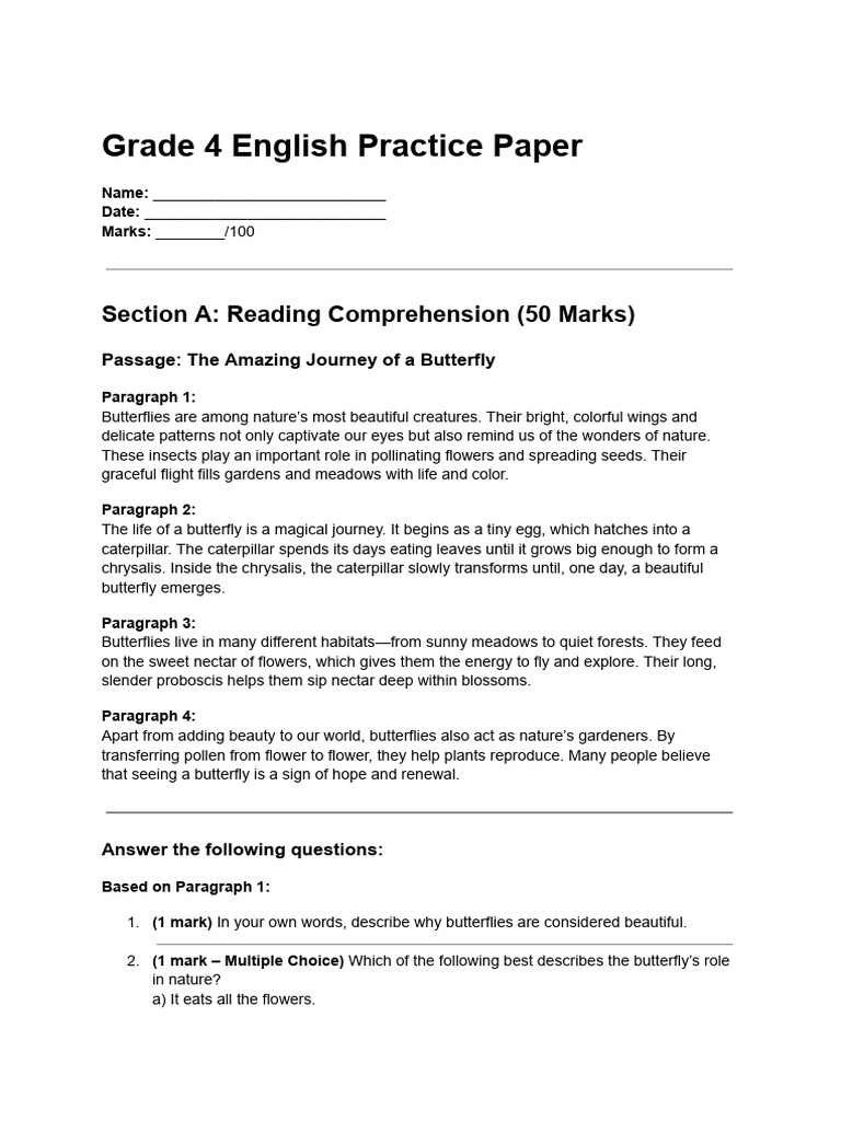 Grade 4 English Practice Paper | PDF | Butterfly | Flowers