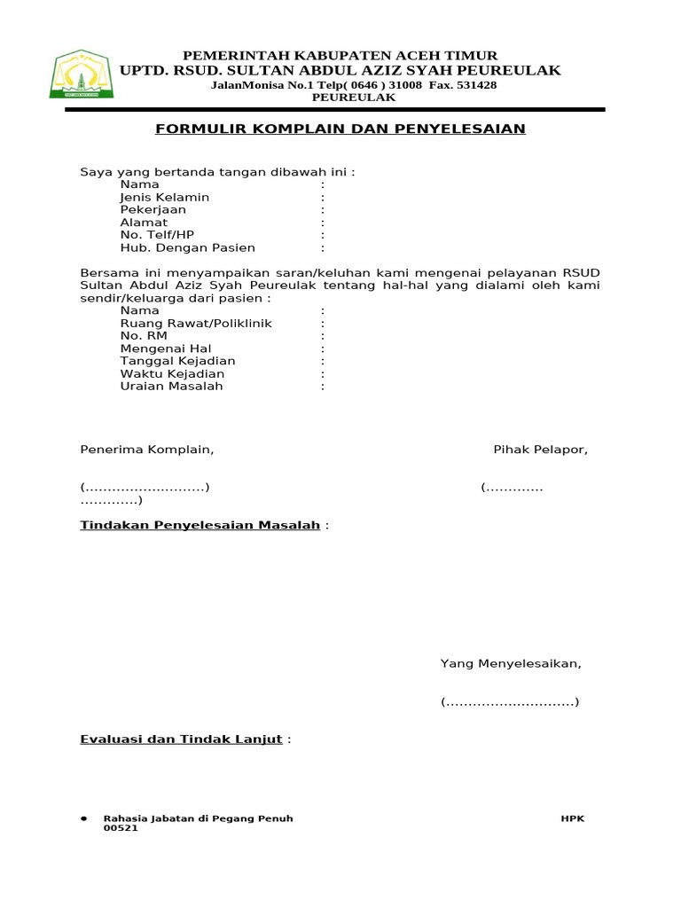 Formulir Komplain RSUD Aceh Timur | PDF