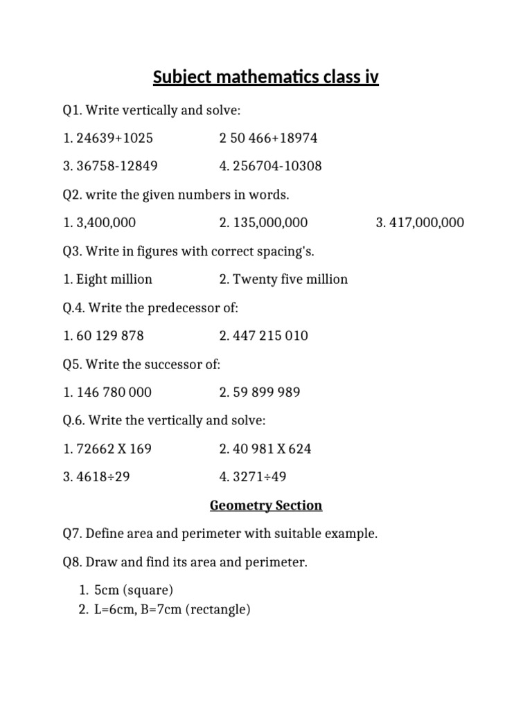 Subject Mathematics Class IV | PDF