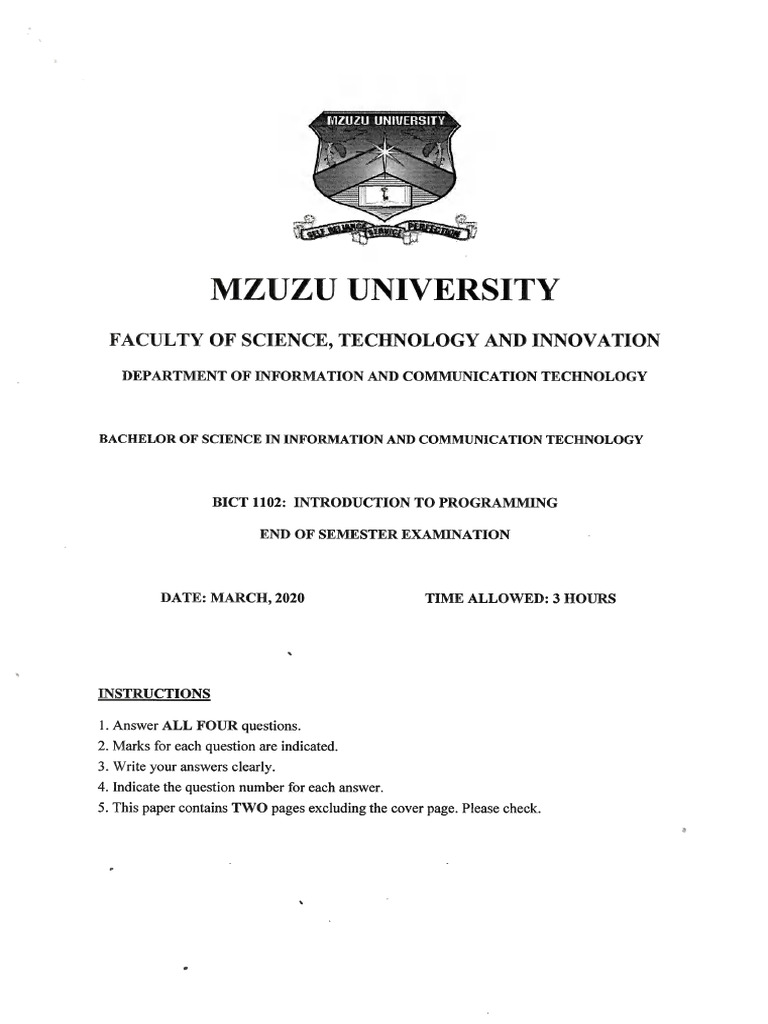BICT 1102 Introduction To Programming End of Semester Exam March 2020 | PDF