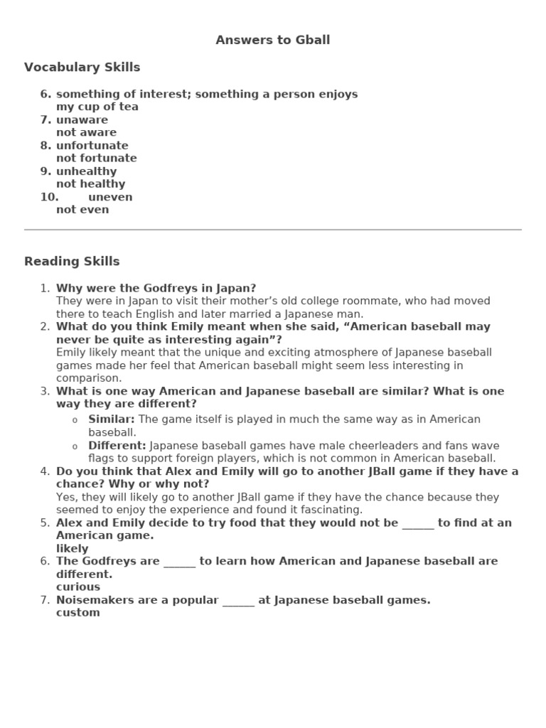Vocabulary and Reading Skills on Baseball | PDF