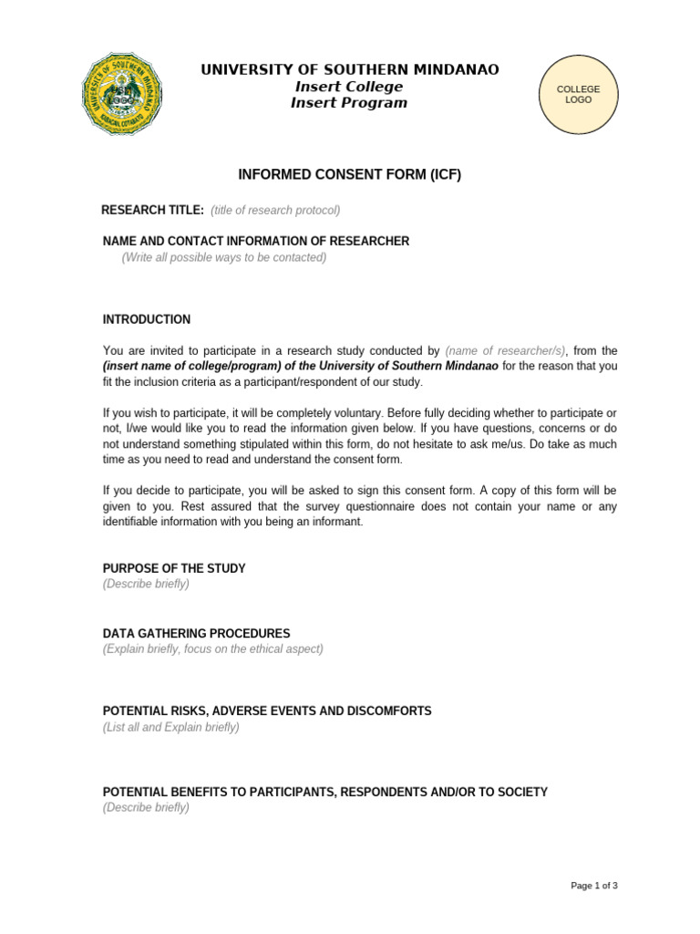 Informed Consent Form ICF 1 | PDF | Consent | Informed Consent