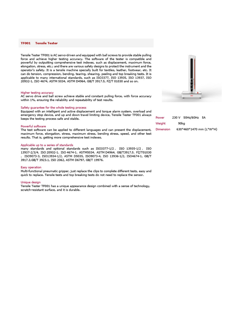 TF001 Tensile Tester Specifications | PDF | Textiles | Pascal (Unit)