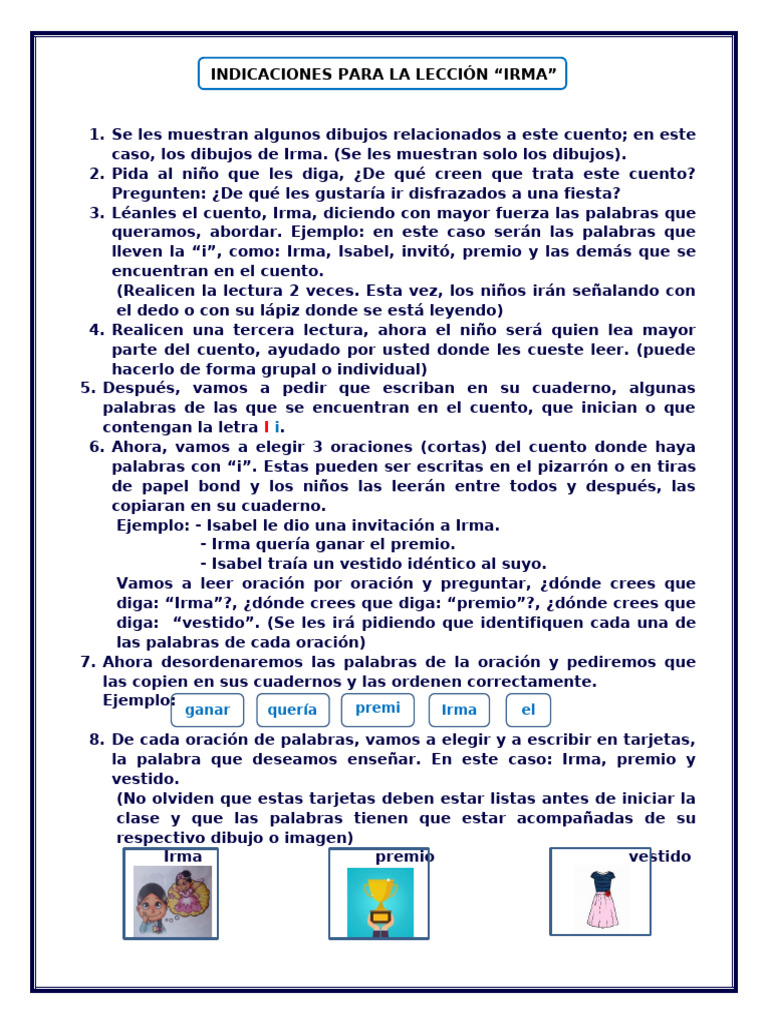 Lección de Lectura: Cuento "Irma" | PDF