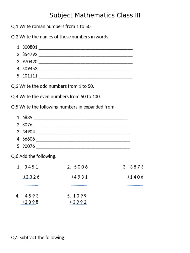 Subject Mathematics Class III | PDF