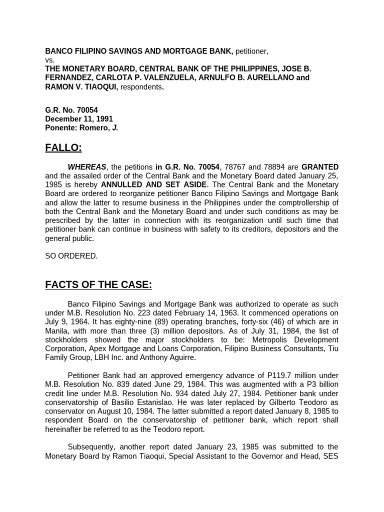 BANKING-BANCO FILIPINO v. MONETARY BOARD-RAMOS | PDF | Liquidation ...