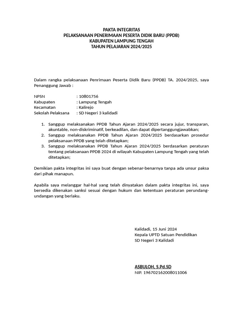 Pakta Integritas PPDB 2024 | PDF
