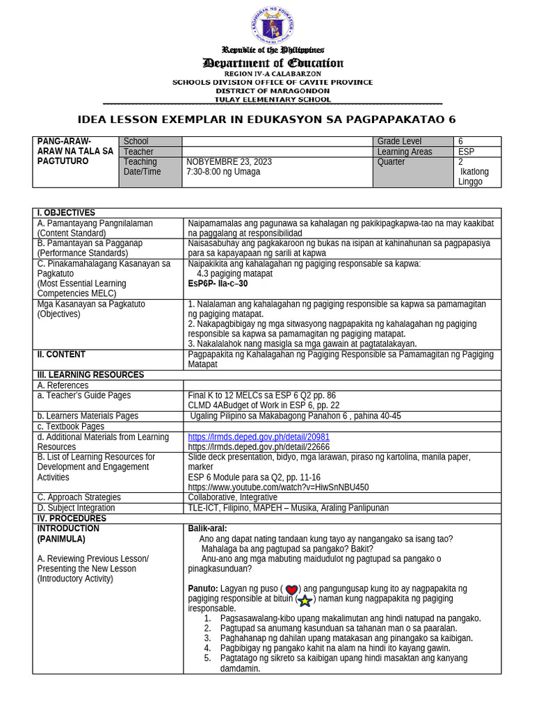 Cot 2 Esp 6 Q2 W3 Lesson Exemplar | PDF