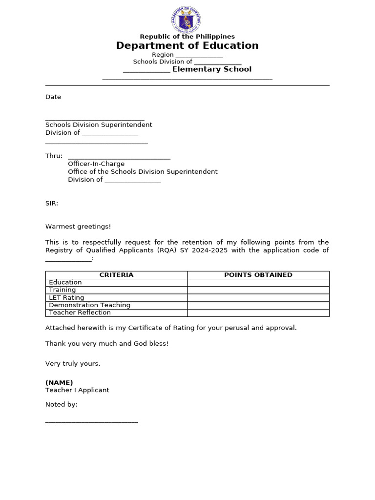 Request For Retention of Points Sample 2024 | PDF