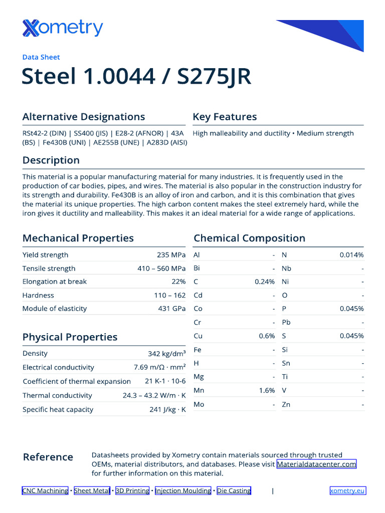 Steel S275JR Data Sheet | PDF | Ductility | Strength Of Materials