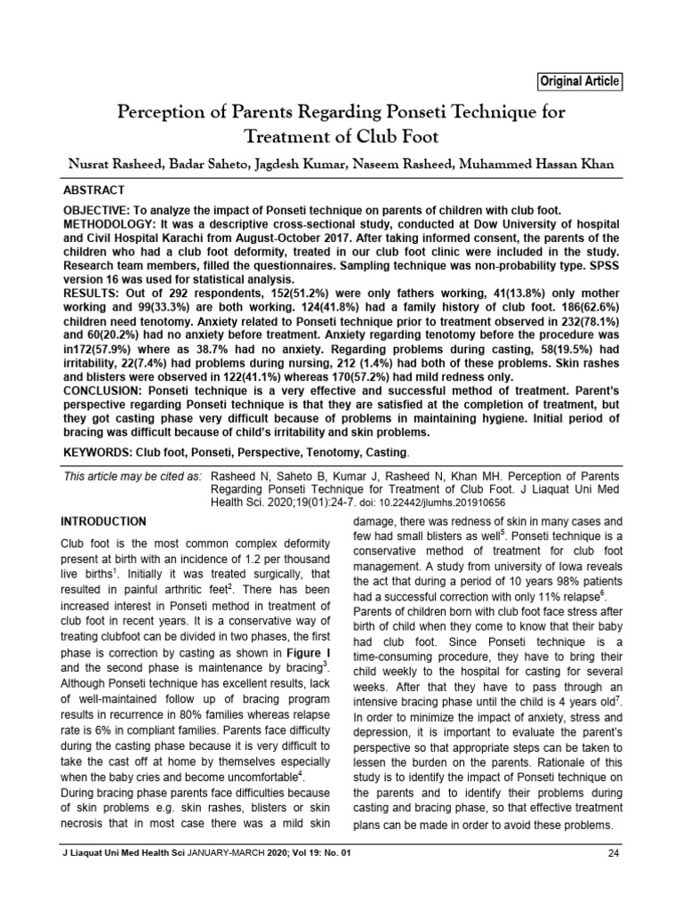Perception of Parents Regarding Ponseti Technique For Treatment of Club ...