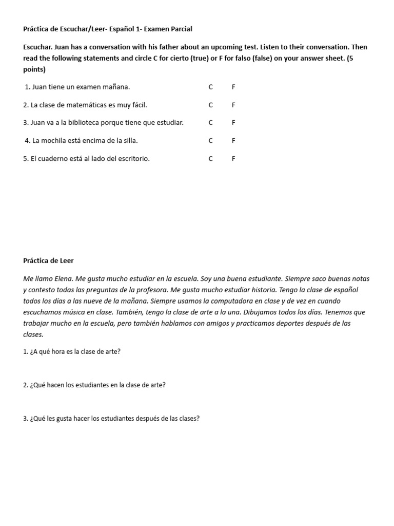 Spanish I Midterm Listening Reading Writing Practice | PDF