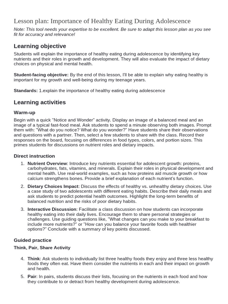 Healthy Eating in Adolescence Lesson Plan | PDF | Diet (Nutrition ...
