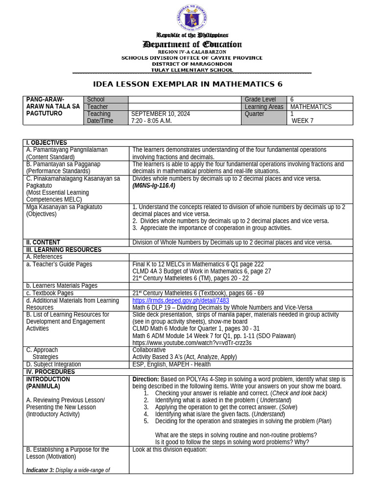 COT-1-MATH-6-Q1-W7-LESSON-EXEMPLAR | PDF | Division (Mathematics) | Learning
