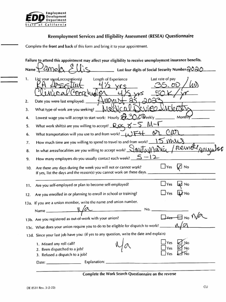 Pam Ellis EDD Form | PDF