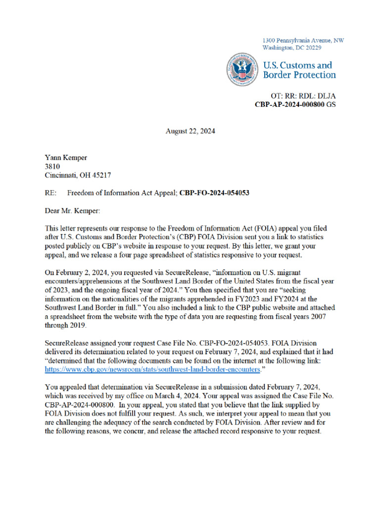 CBP-AP-2024-000800 Decision Letter | PDF | Freedom Of Information Act ...