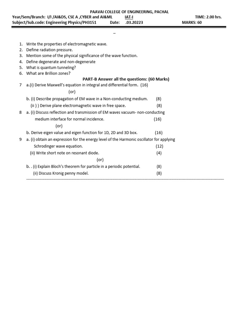 Engineering Physics IAT-I Exam Paper | PDF